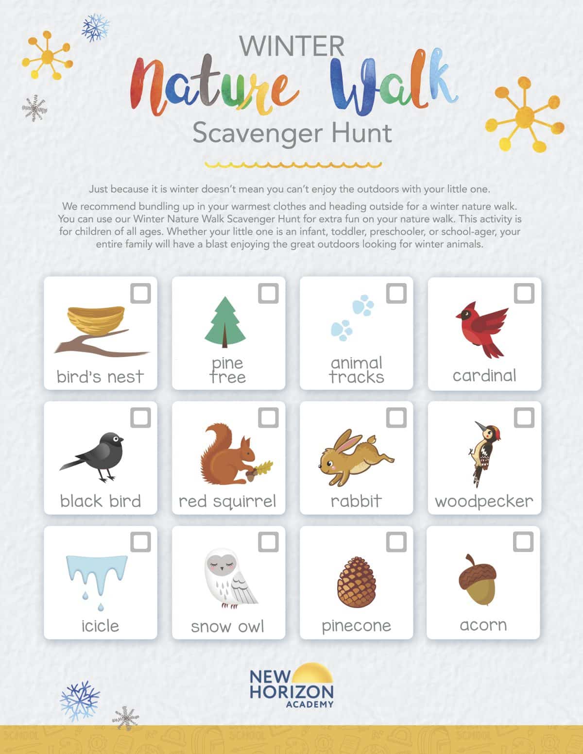 Outdoor Winter Scavenger Hunt Activity for Kids - New Horizon Academy